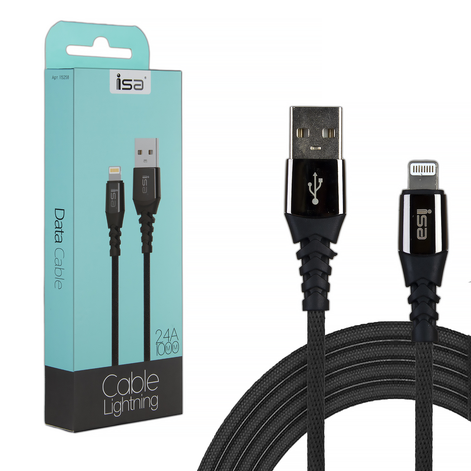 Купить кабель usb lightning 1m 2.4a алюминий/нейлон плетеный isa черный ...