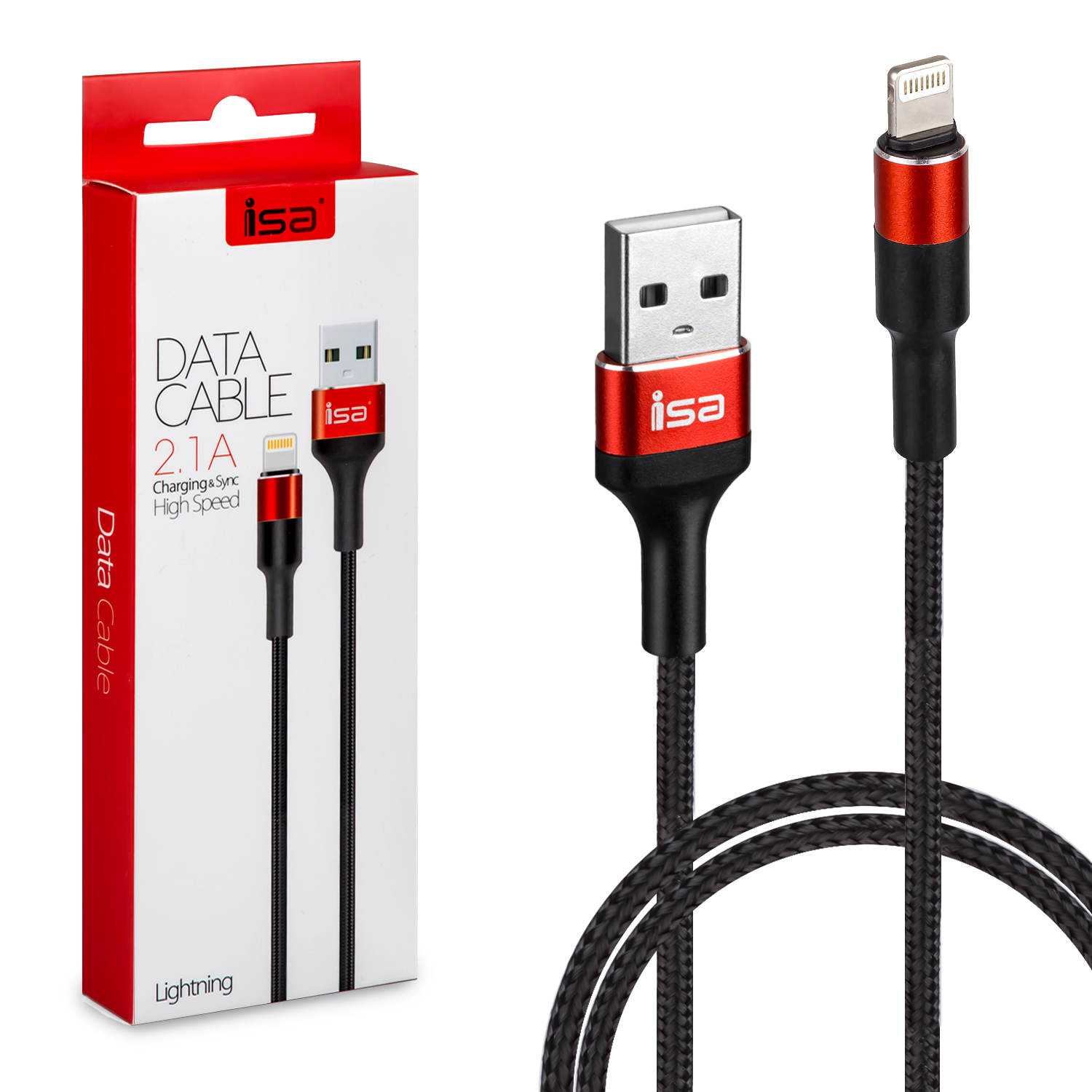 Купить кабель usb lightning 1m 2.1a nylon+metal isa черный с красным в СПб